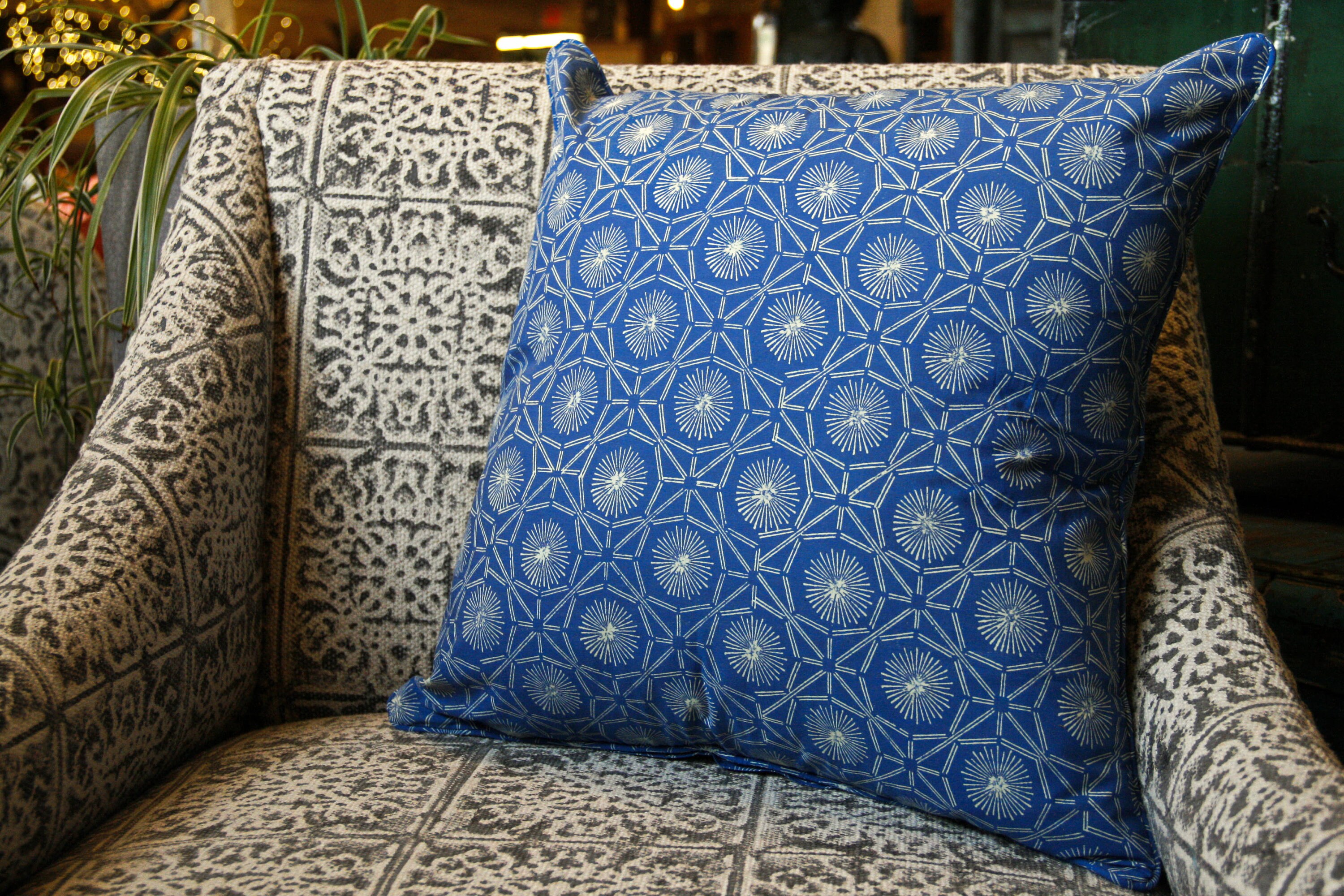 Royal Blue Block Printed Pillow Cover | 100% Cotton Throw Pillow Cover ...