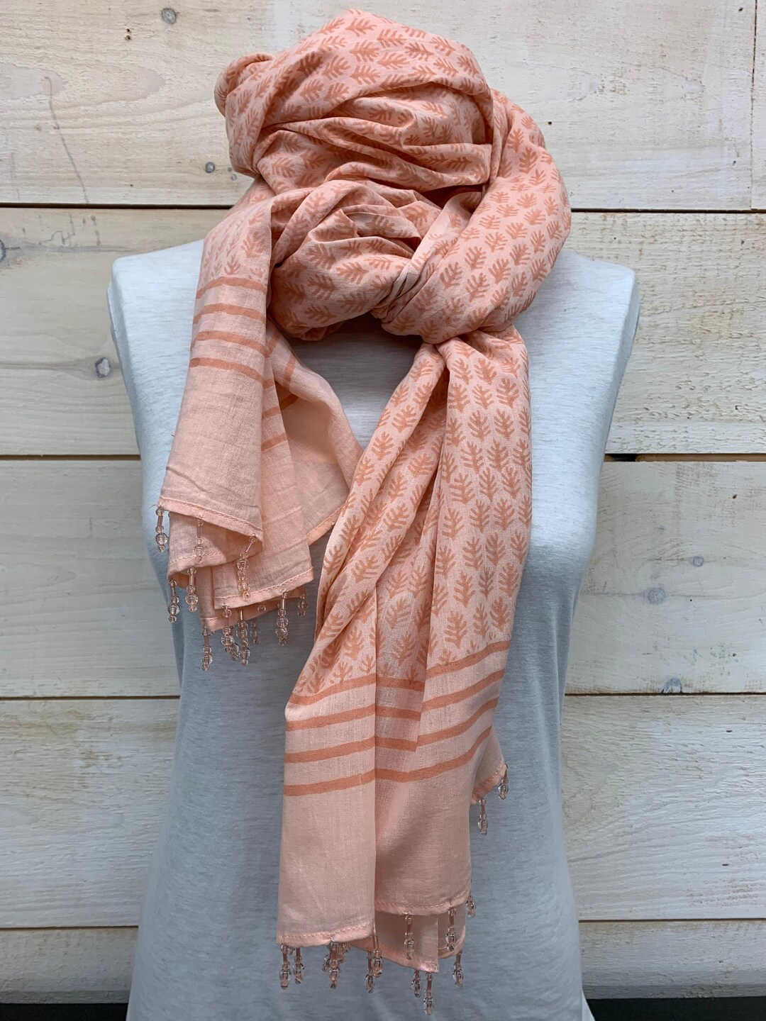 Peach Scarf I 100% Cotton Voile I Hand Block-printed With Beaded ...