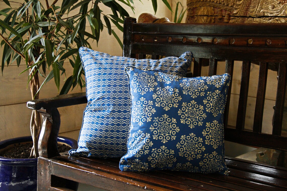 Royal Blue Block Printed Pillow Cover | 100% Cotton Throw Pillow Cover ...