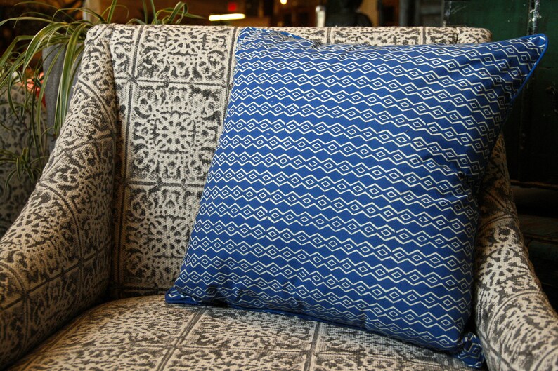 Royal Blue Block Printed Pillow Cover | 100% Cotton Throw Pillow Cover ...