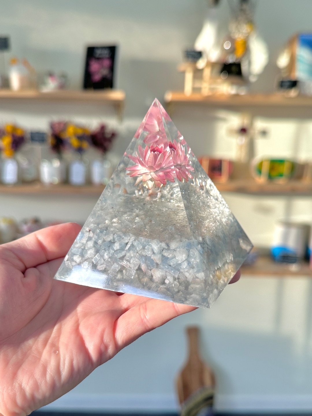 Real Flower Orgone Pyramid | Resin Pyramid Blue Calcite Stones | Blue ...