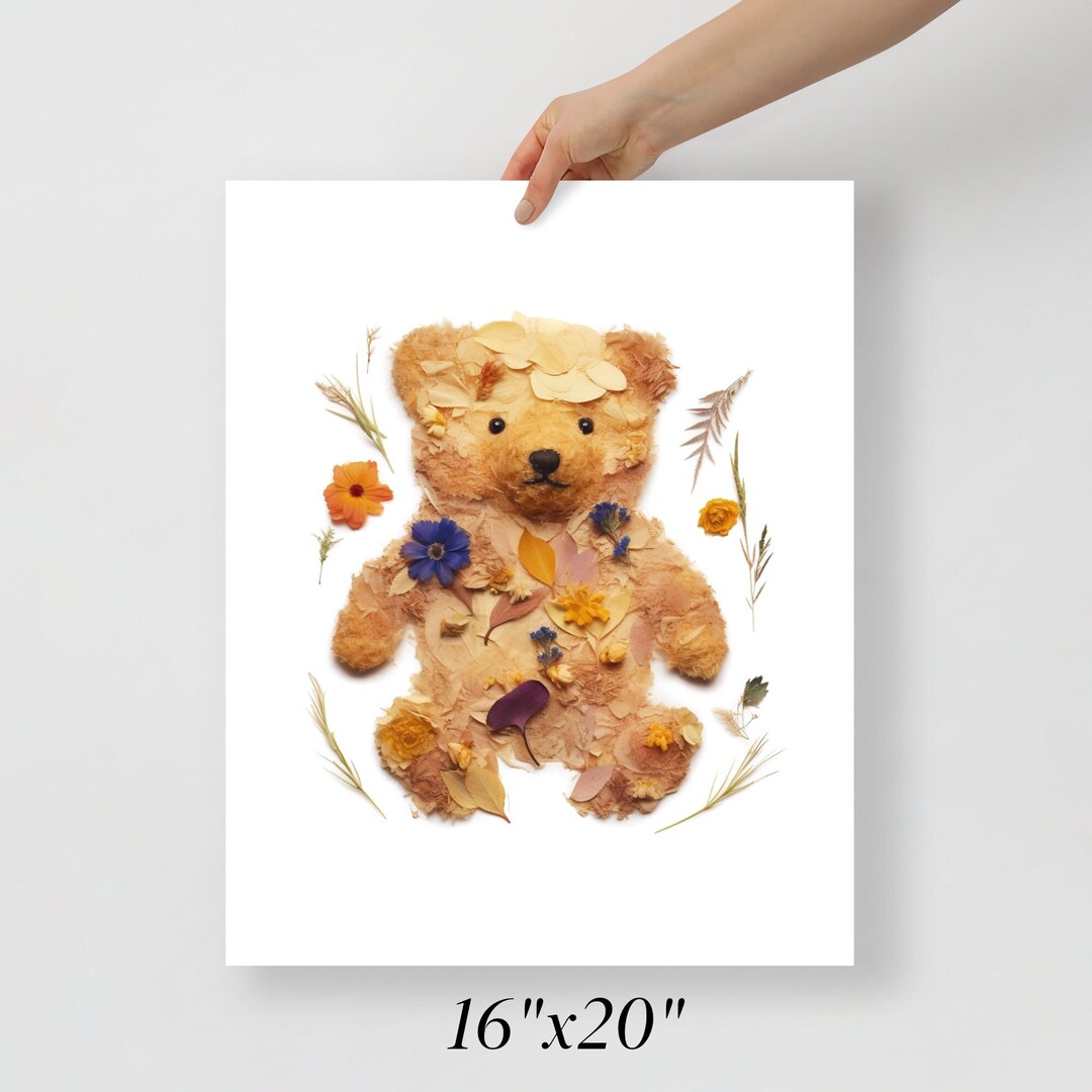 Teddy Bear Wall Print Floral Wall Decor, Flowers Wall Print, Pressed ...
