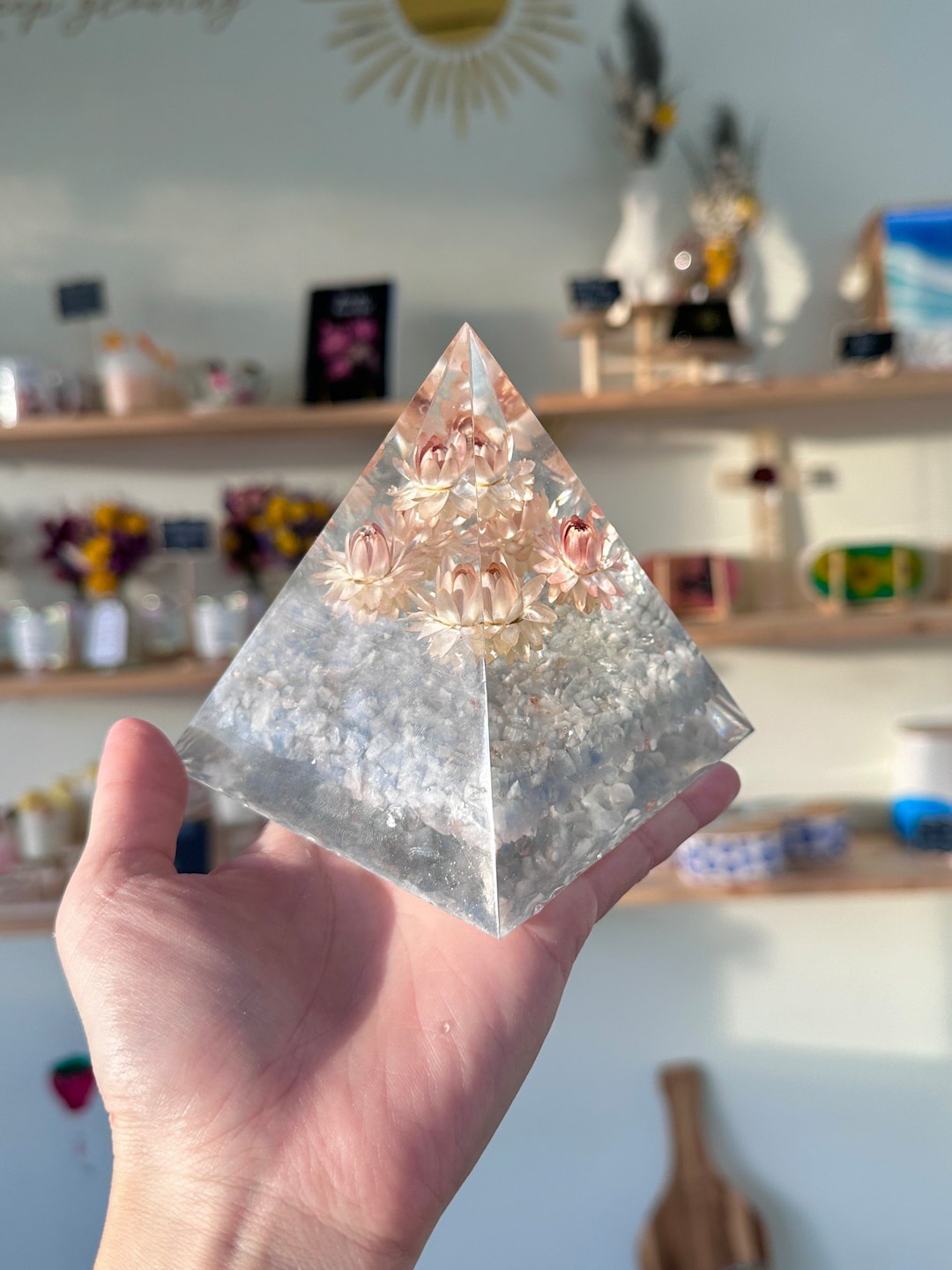 Dried Flowers Orgone Pyramid | Resin Pyramid Blue Calcite Stones | Blue ...