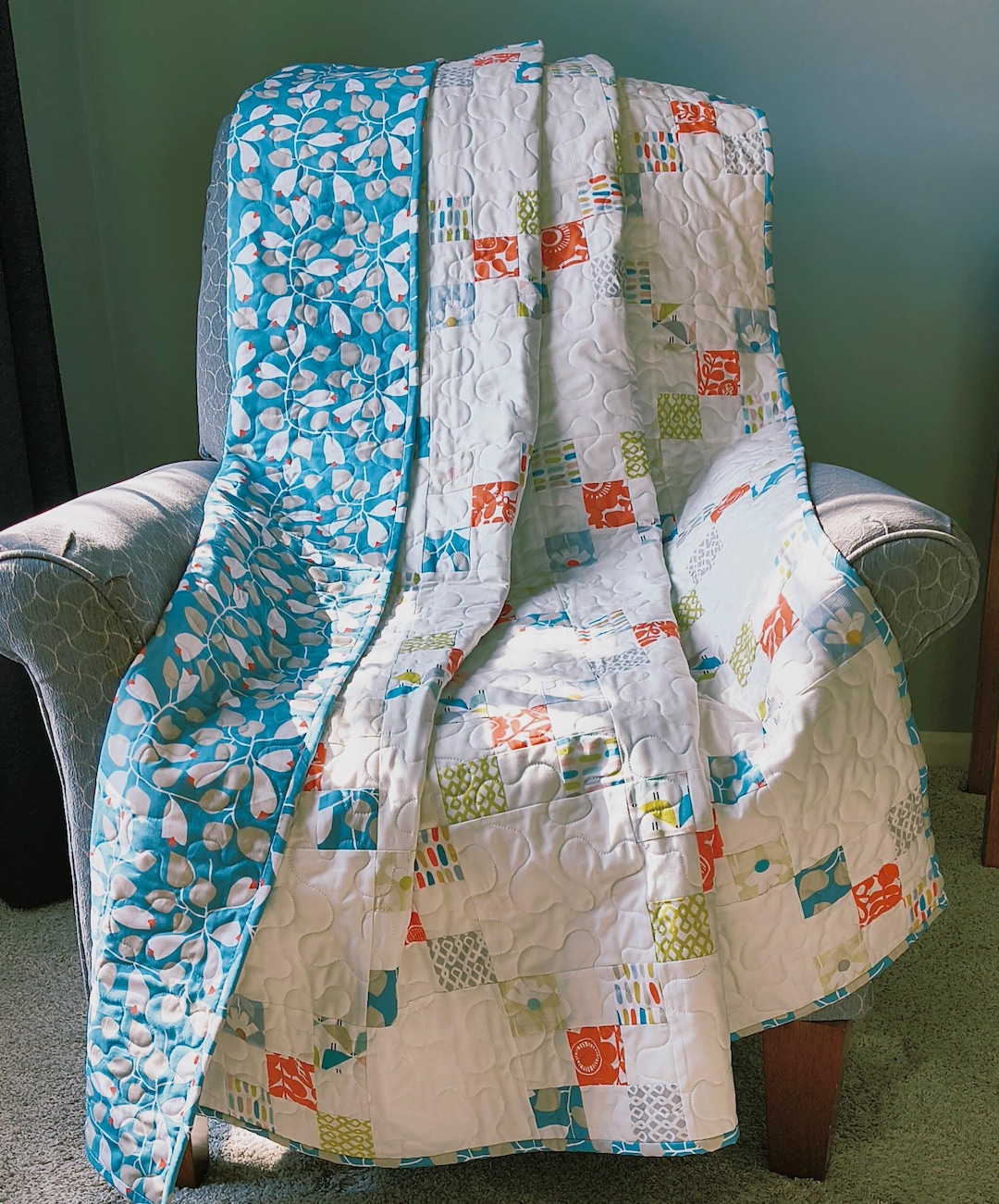 Handmade Patchwork Quilted Throw With Modern Fabrics, Bold Print Cotton ...