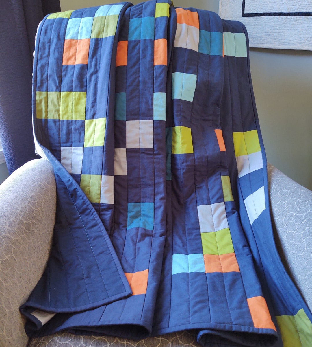 Modern Patchwork Quilt: Navy, Green, Orange, Aqua, Grey Quilted Throw - 51" X 60" - Etsy