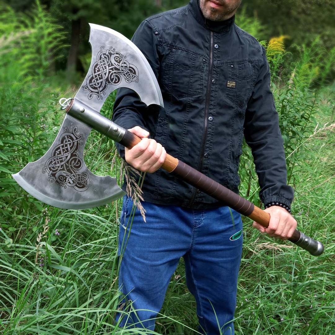 Viking Double Blade Axe | Hand-forged Steel Axe | Celtic Leather ...