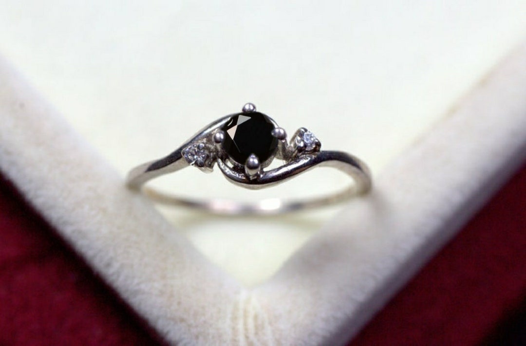 Tiny Black Spinel Ring Round Cut Engagement Ring Promise Ring Black ...