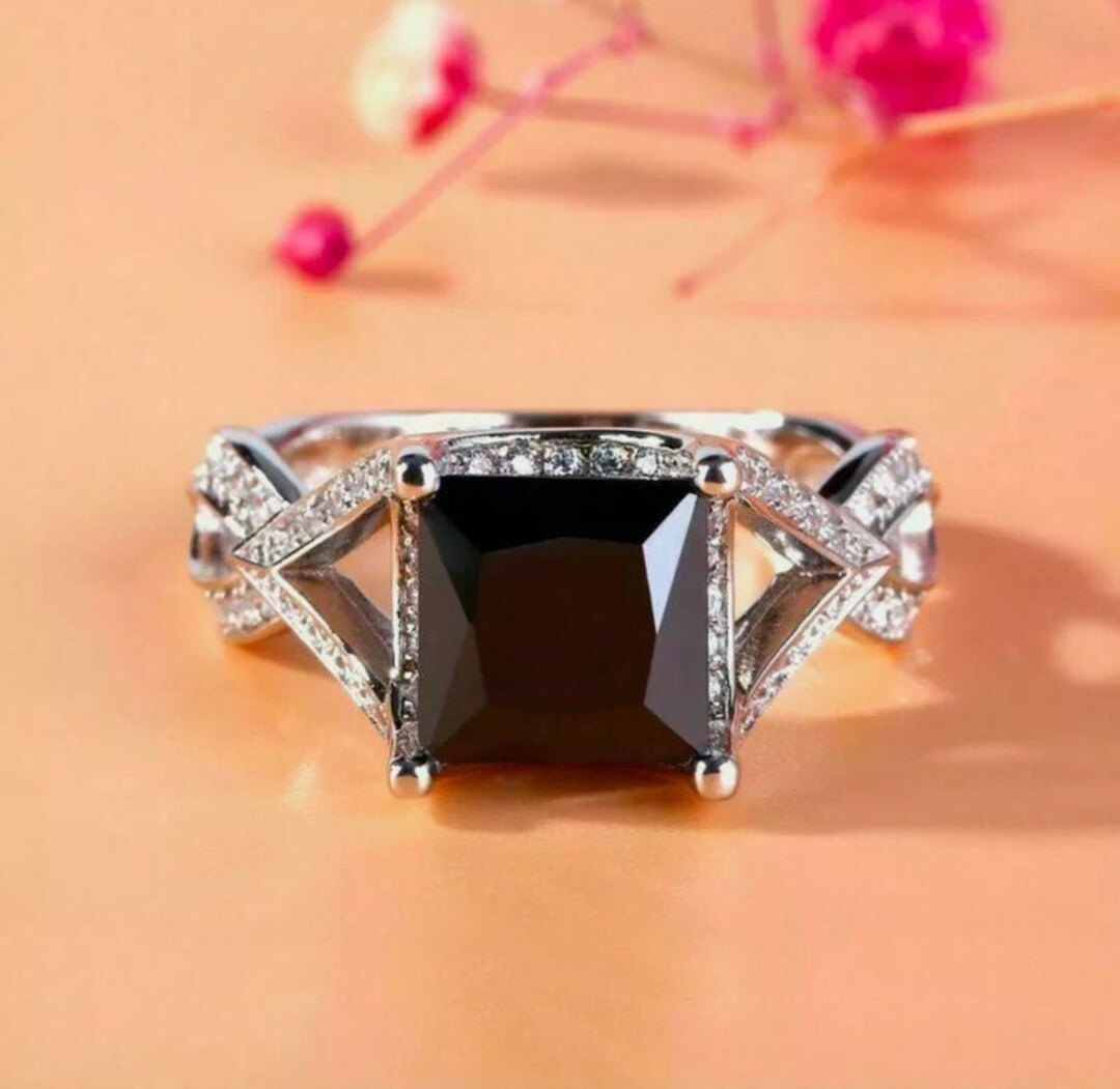 Princess Cut Black Onyx Ring Genuine Black Gemstone Ring - Etsy