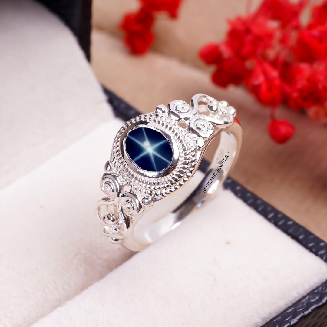 Blue Star Sapphire Ring, 925 Sterling Silver Ring, Blue Star Sapphire ...