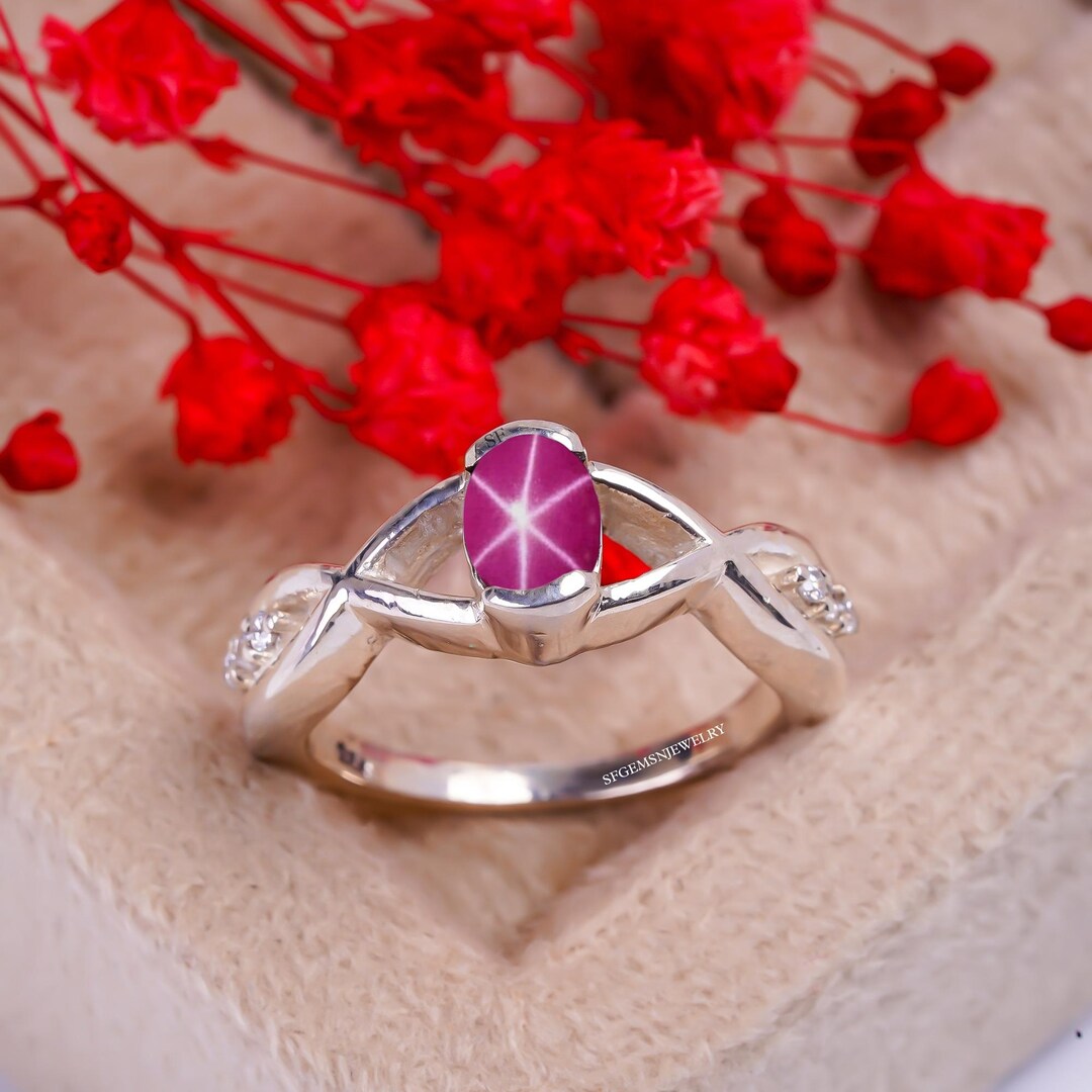 Pink Star Sapphire 6 Ray Star Ring Dainty Ring Sterling Silver Pink ...