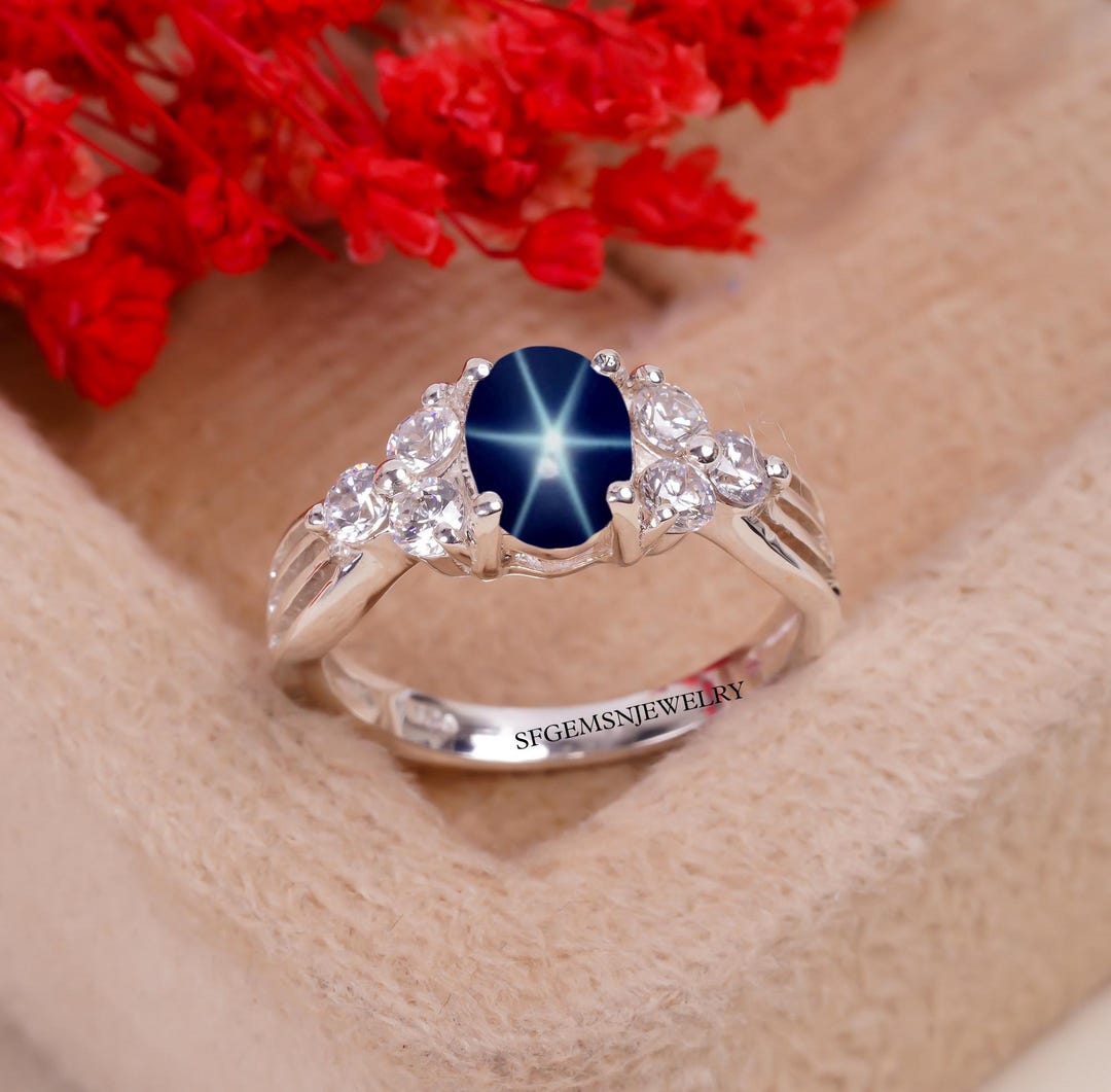 Blue Star Sapphire Ring Engagement Ring 925 Sterling Silver Blue Star ...