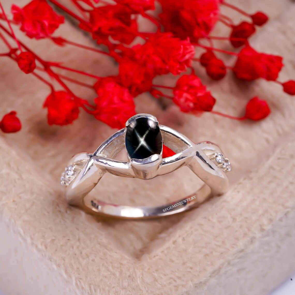 Black Star Sapphire Ring 925 Sterling Silver Lindy Star Ring Black Star ...