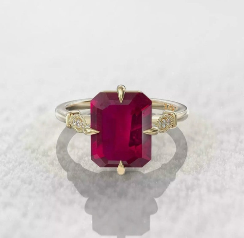 Lab Ruby Ring Emerald Cut Gemstone Ring July Birthstone Ring - Etsy