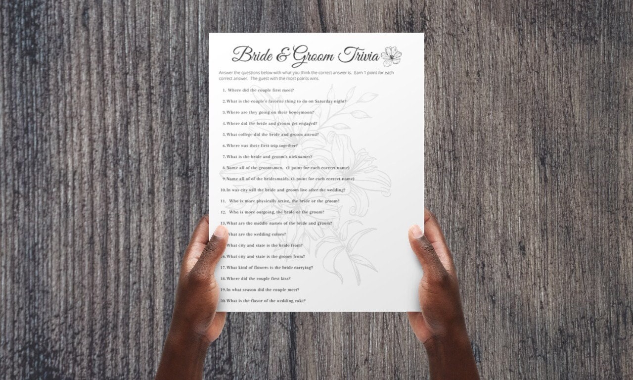 Wedding Trivia Game Printable, Elegant Bride and Groom Questions ...