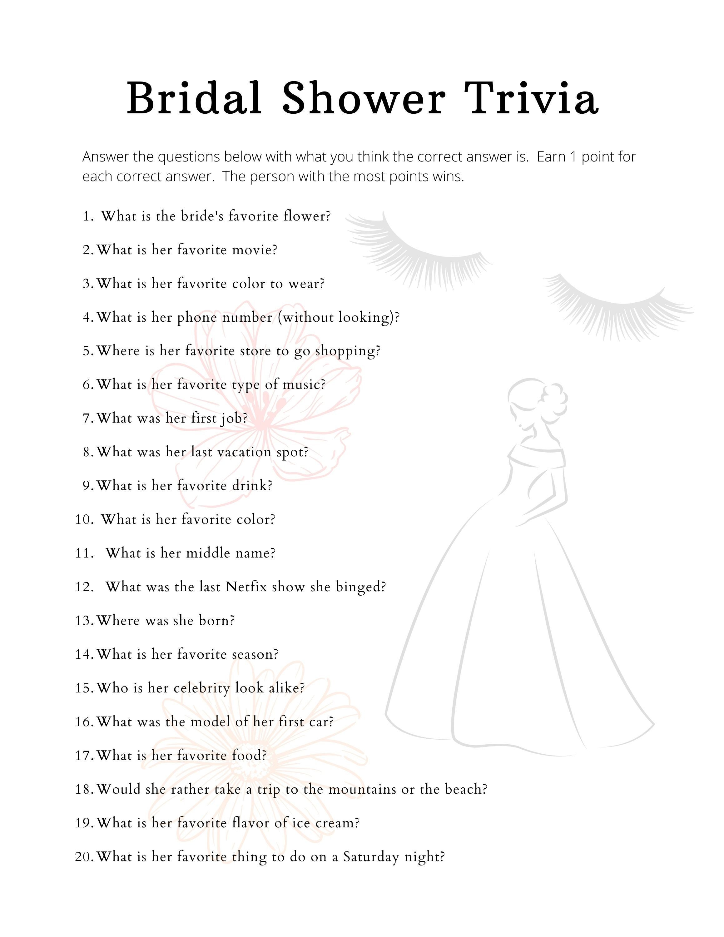 Bridal Shower Trivia Printable Quiz Game Digital Download - Etsy
