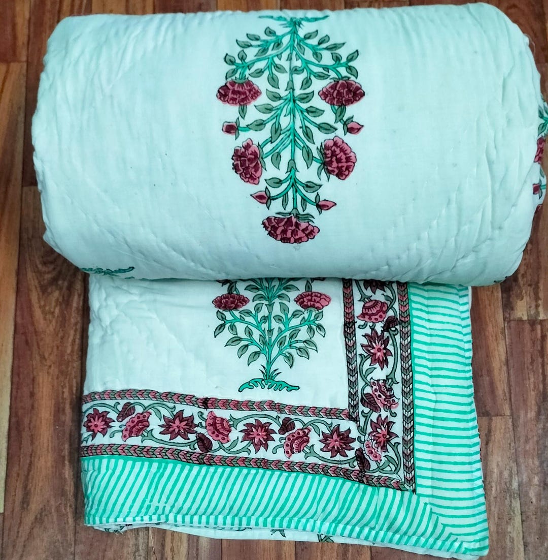 Hand Block Print Cotton Quilt: Floral Reversible Dohar,razai,blanket ...