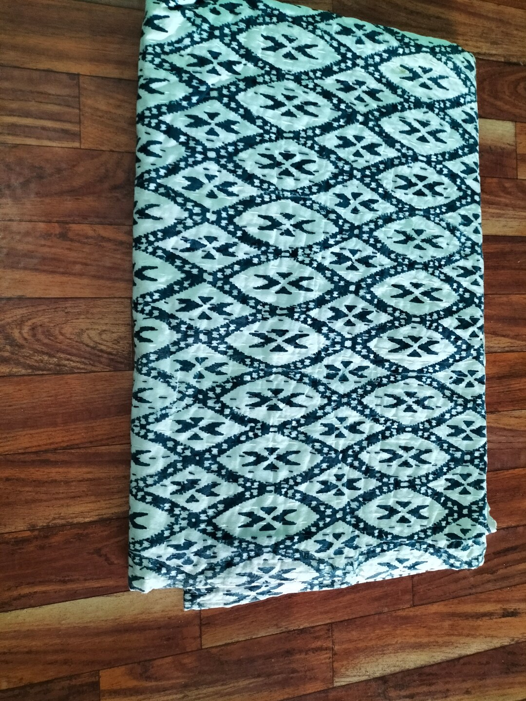 Blue Ikat Queen Quilt: Hand Block Printed Kantha Work Bedspread ...