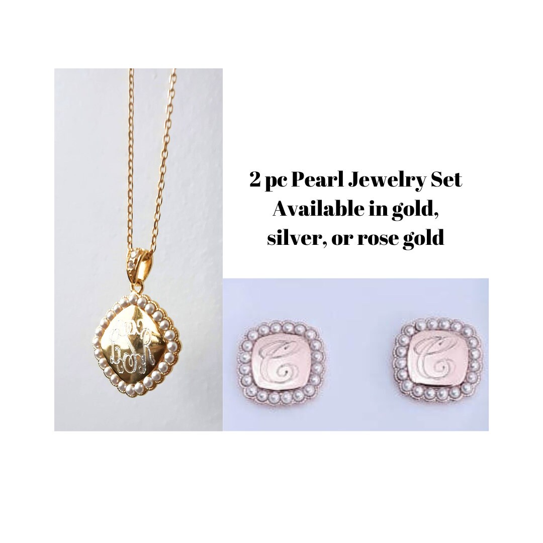 Sterling Silver Square Pearl Engraved Monogram 2 Pc. Jewelry Set - Etsy