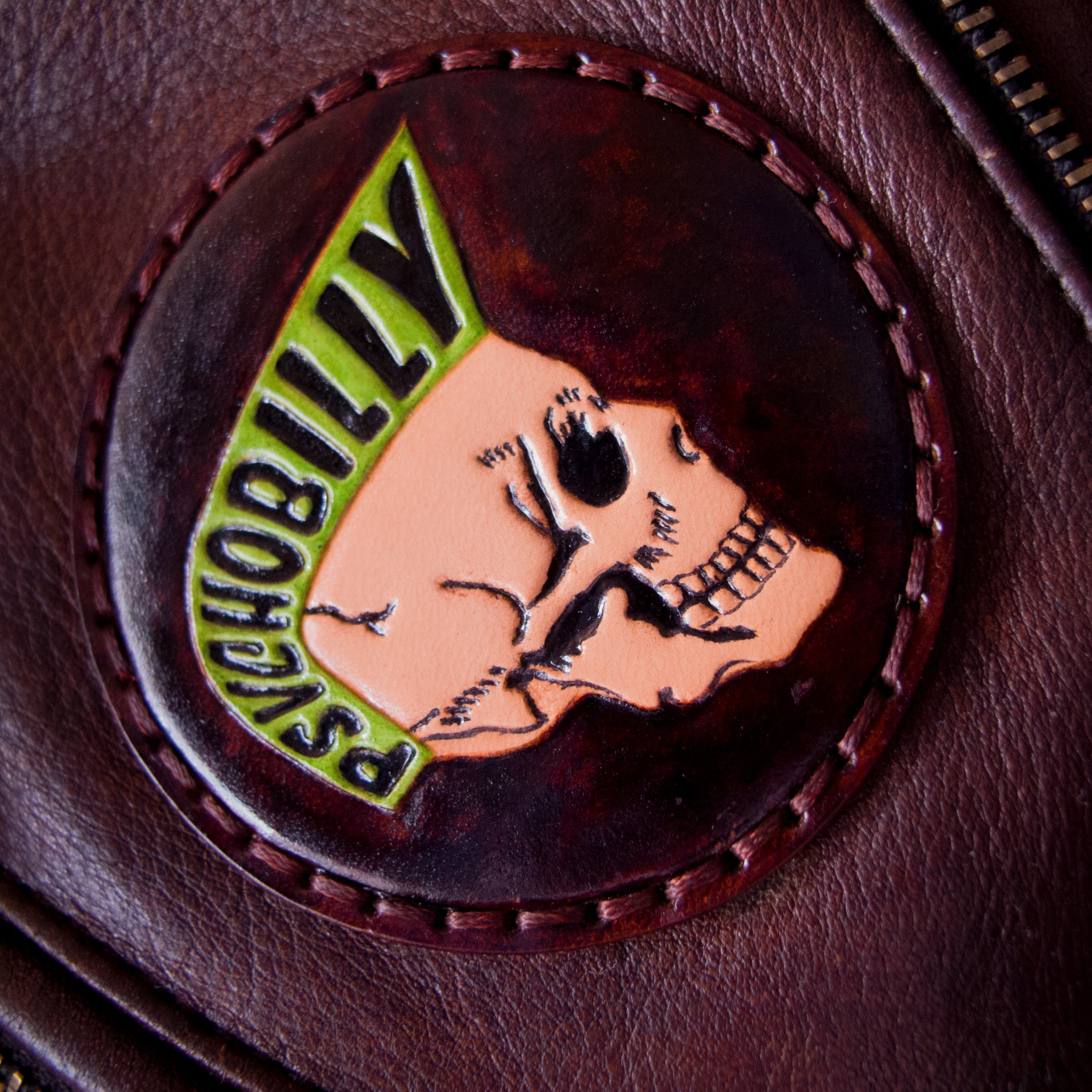 Handmade Leather Psychobilly Skull Patch: Embossed Biker Jacket ...