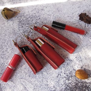 Real Leather Lip Gloss Pouch, Cherry Leather Lipstick Keychain 3 Size ...