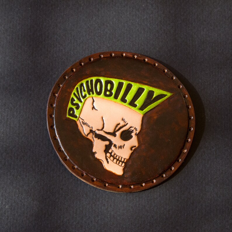 Handmade Leather Psychobilly Skull Patch: Embossed Biker Jacket ...