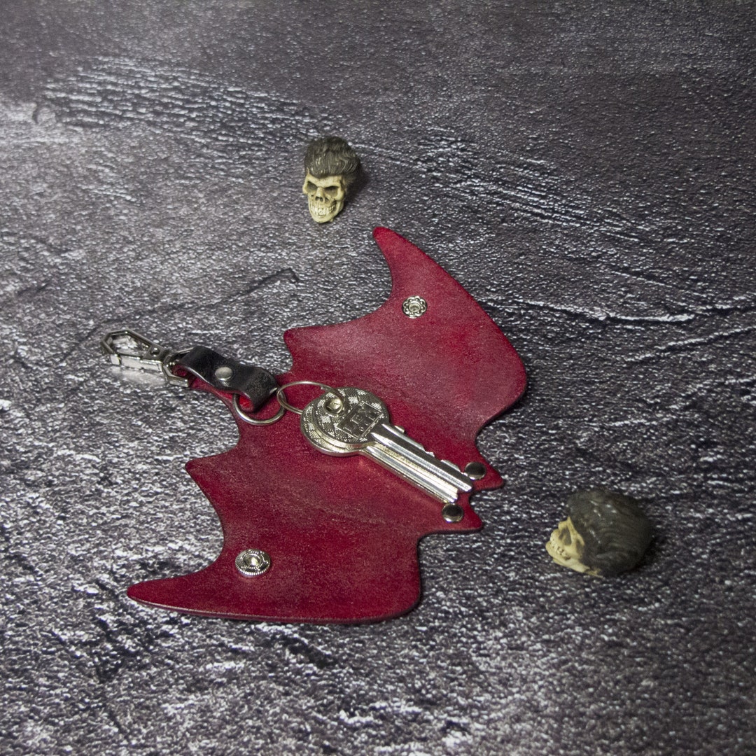 Leather Red-black Small Whimsigoth Bat Key Holder With Coffin Carabiner ...