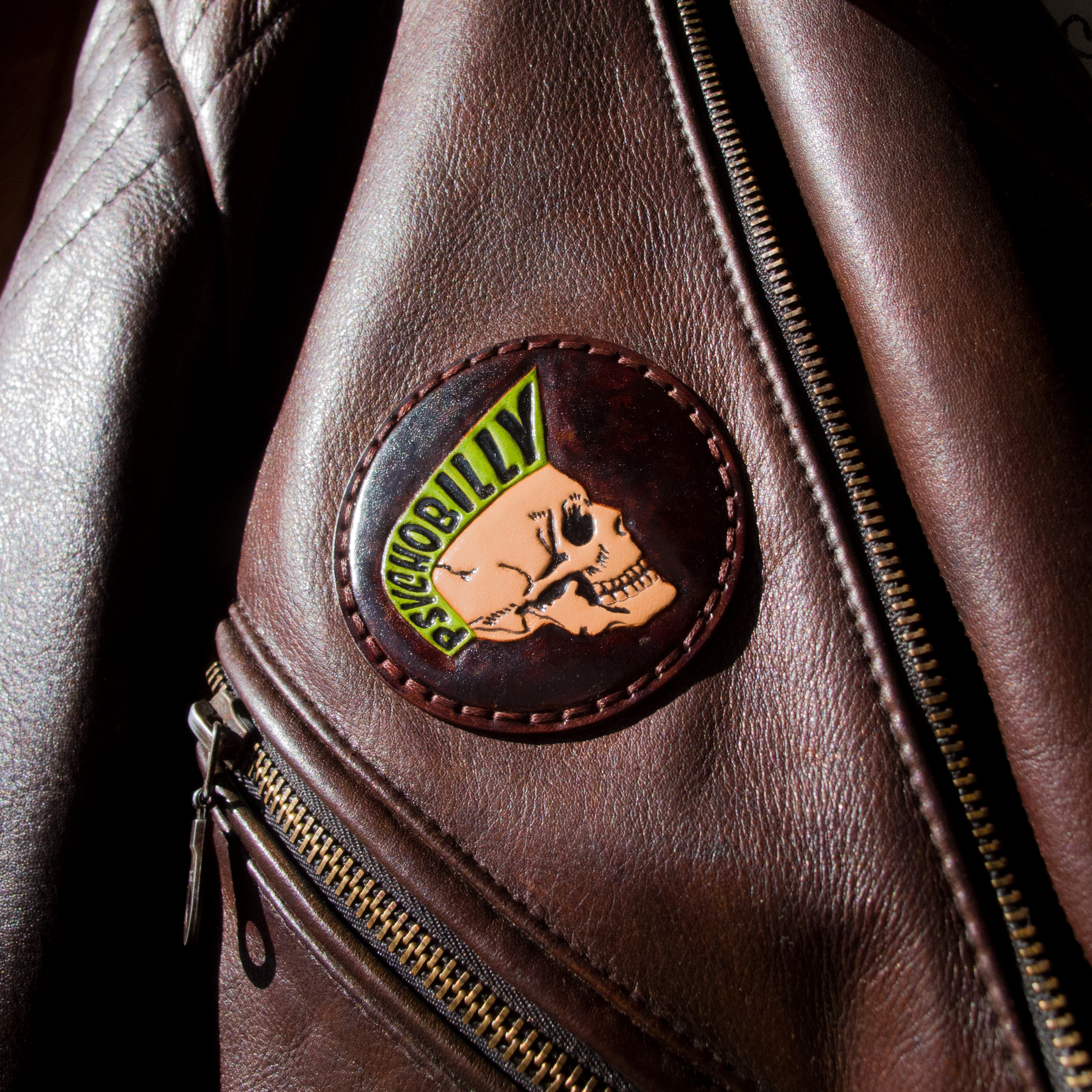 Handmade Leather Psychobilly Skull Patch: Embossed Biker Jacket ...