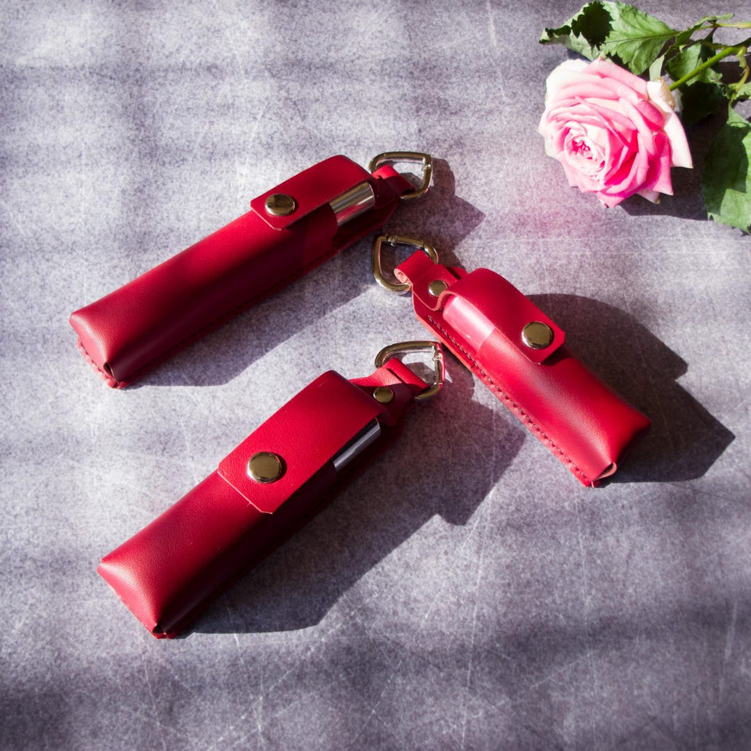 Real Leather Lip Gloss Pouch, Cherry Leather Lipstick Keychain 3 Size ...
