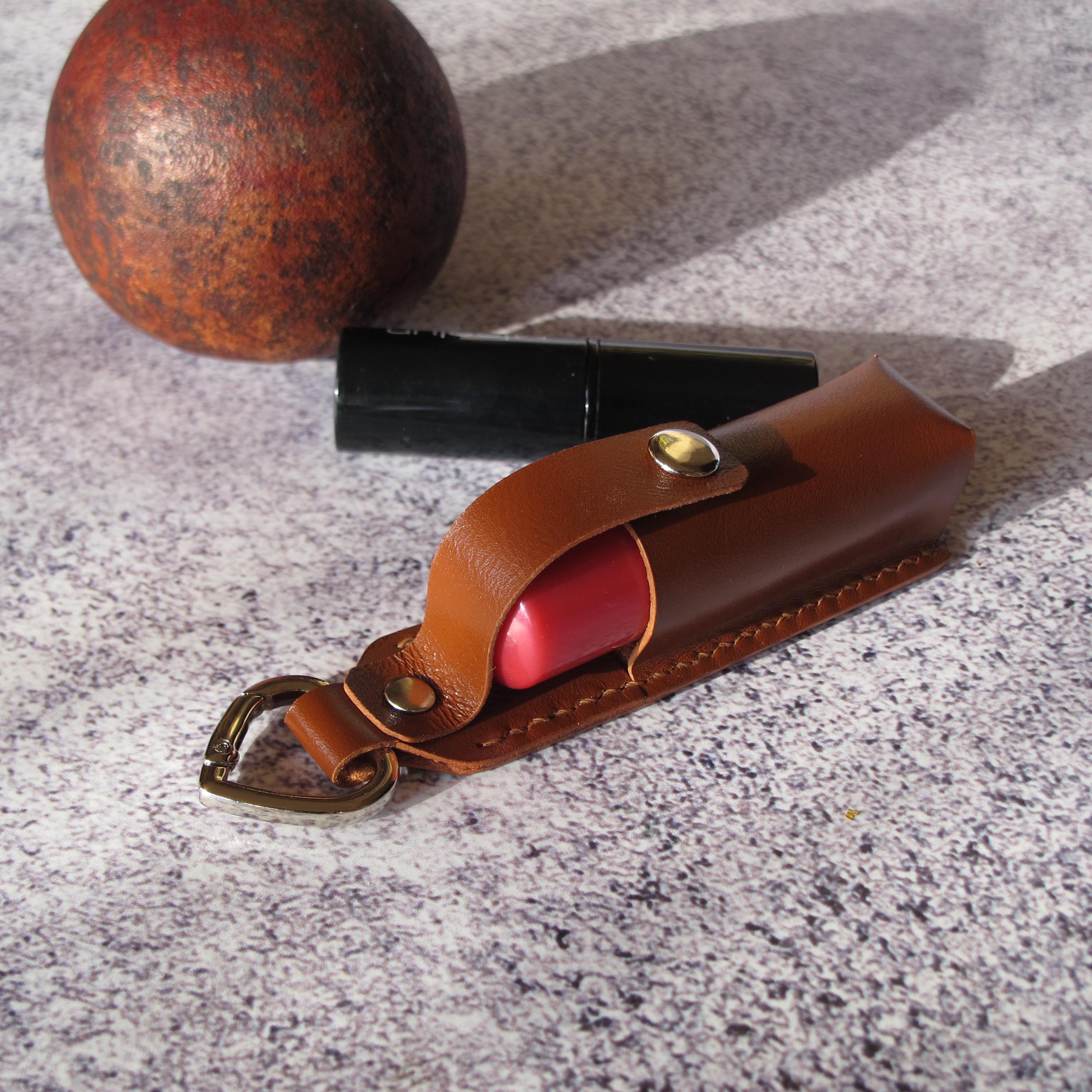 Brown Leather Chapstick Holder Keychain. Leather Lipstick Case With ...