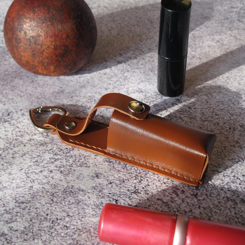 Brown Leather Chapstick Holder Keychain. Leather Lipstick Case With ...