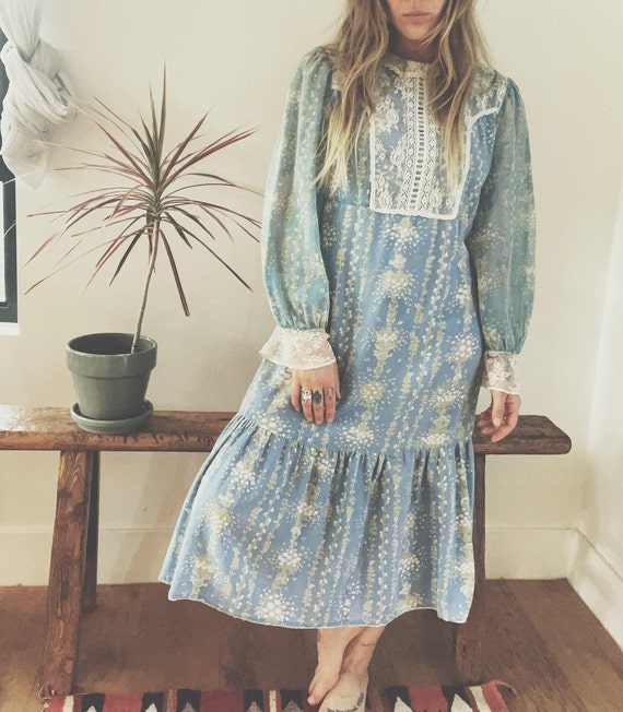 70s Pale Blue Prairie Dress - Gem