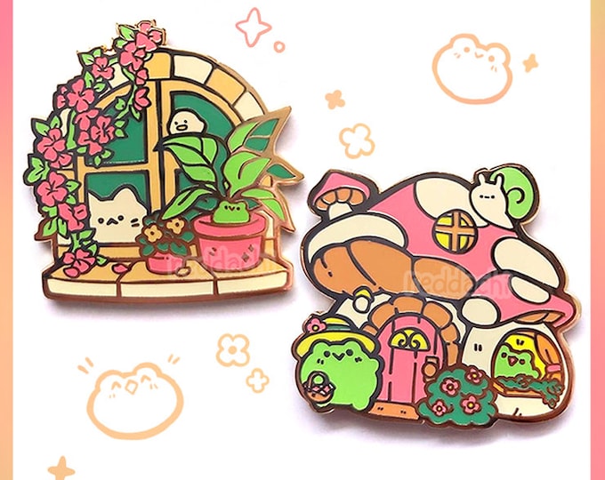 Cozy Cottagecore Enamel Pins Froggy & Friends Cottage Window and ...