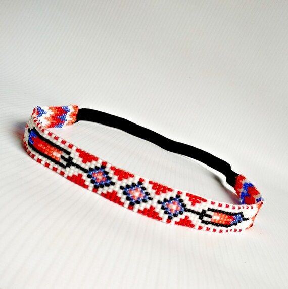 Beaded Headband Authentic Native American Style Red Blue White Etsy
