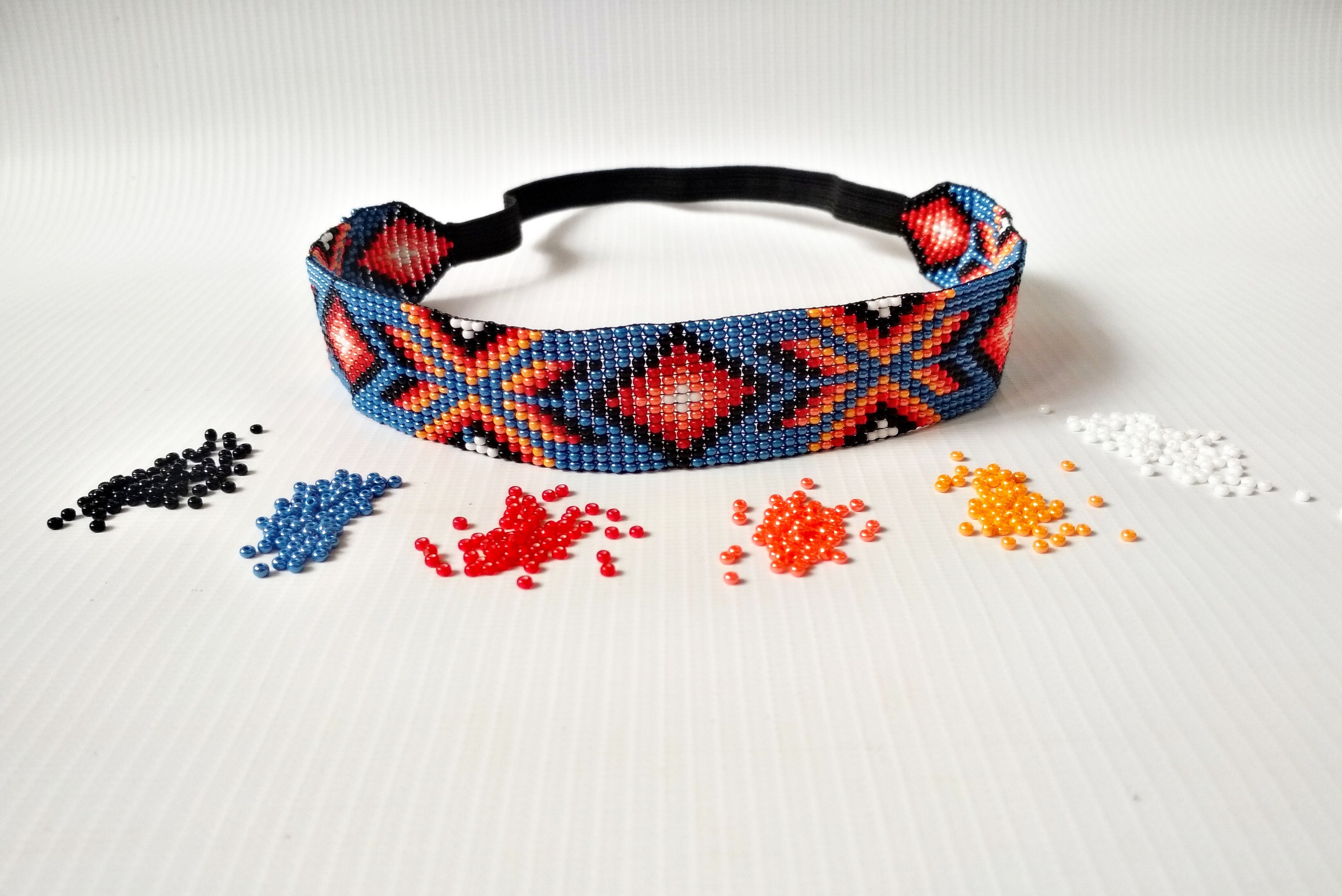 Beaded Headband Southwestern Native American Style Blue Black Etsy