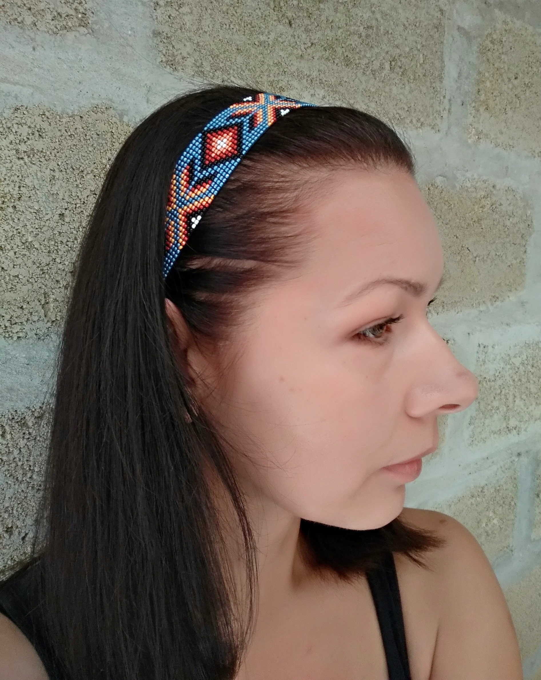 Beaded Headband Southwestern Native American Style Blue Black Etsy