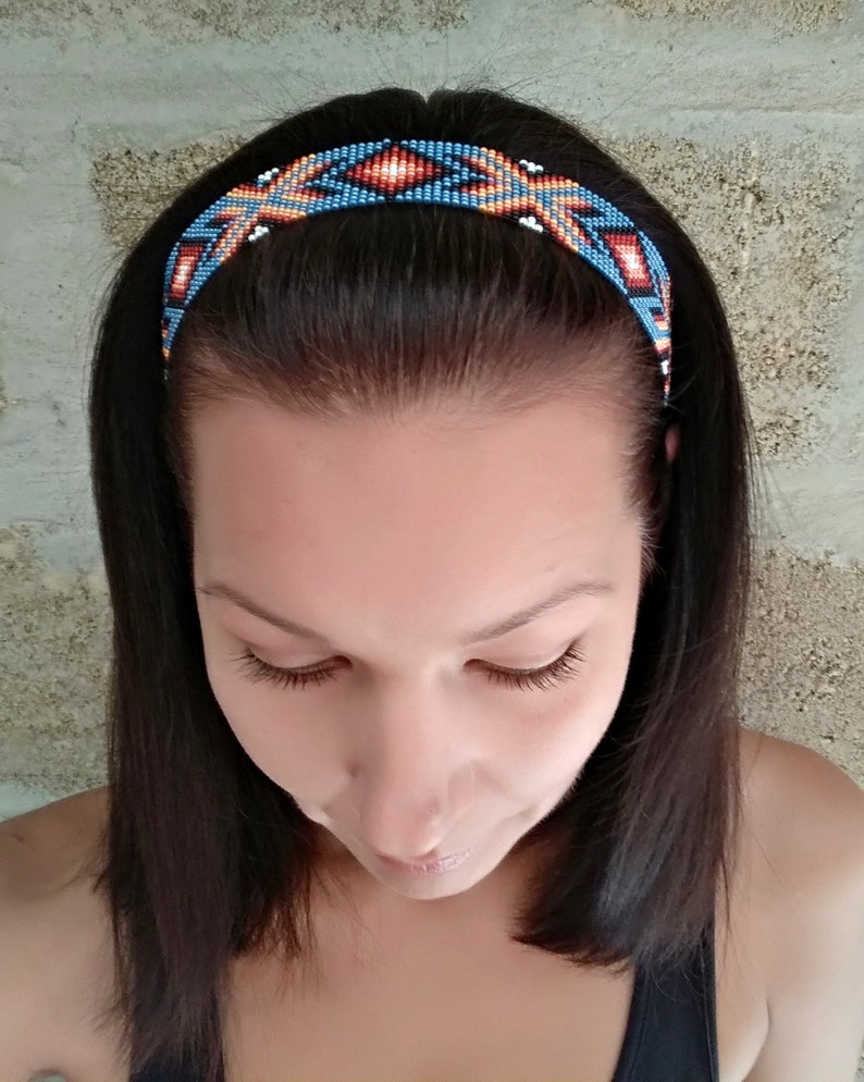 Beaded Headband Southwestern Native American Style Blue Black Etsy