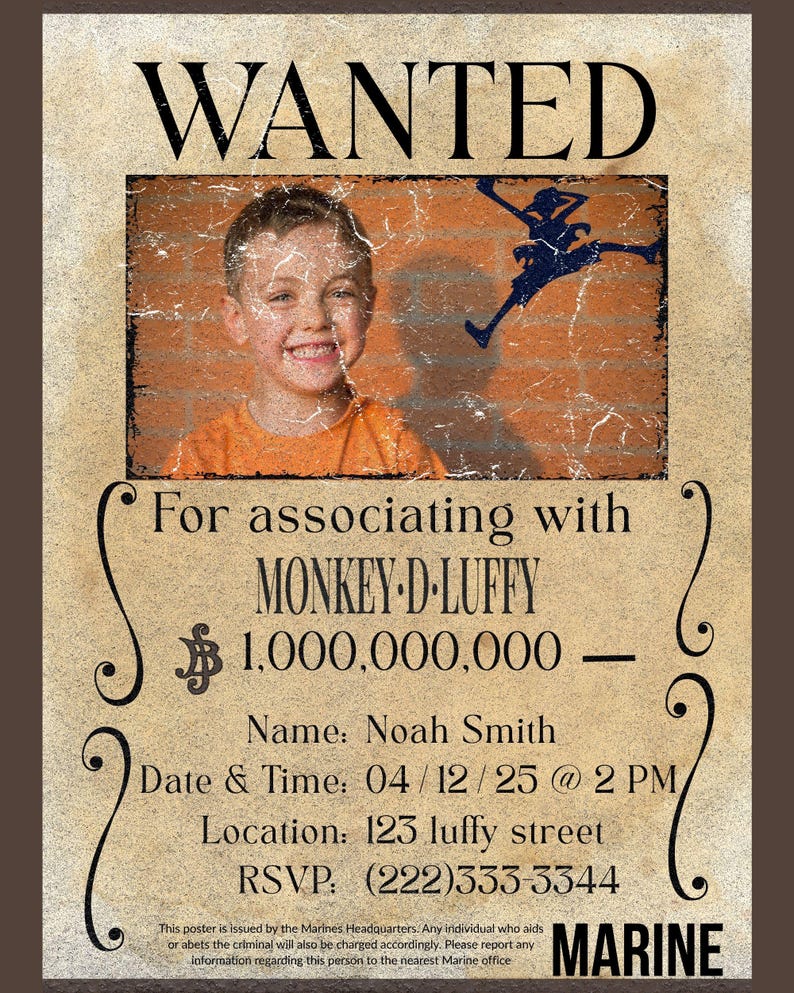 Editable One Piece Anime Wanted Poster Invitation: Pirate-themed ...