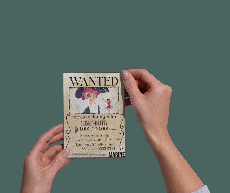 Editable One Piece Anime Wanted Poster Invitation: Pirate-themed ...
