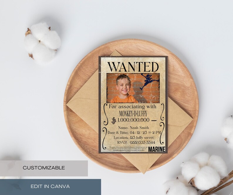 Editable One Piece Anime Wanted Poster Invitation: Pirate-themed ...