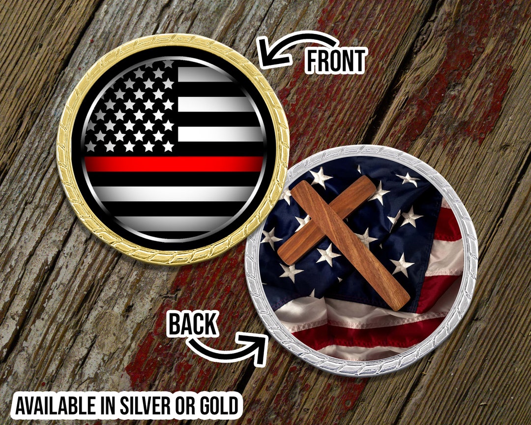 Thin Red Line With Cross Challenge Coin - Pocket Coin - Firefighter ...