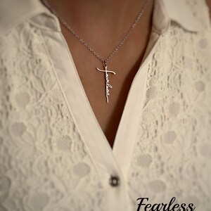 Silver Cross Necklace, Fearless Cross Necklace, Religious Necklace ...