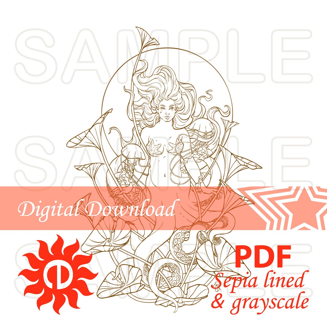 Sea Witch Coloring Page, Mermaid Coloring Page for Adults and Teens ...