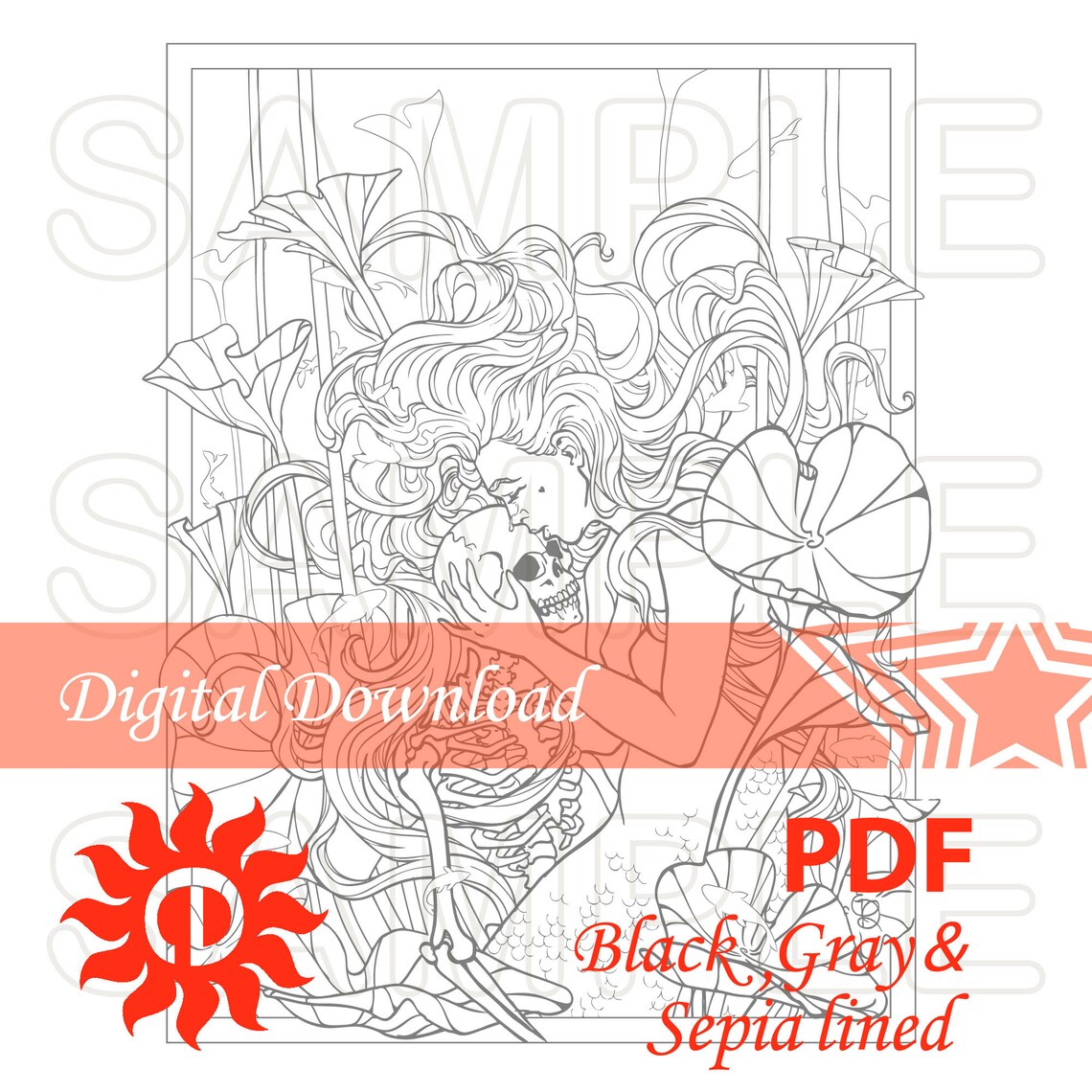 Mermaid Coloring Gothic Coloring Page Printable Illustration for ...