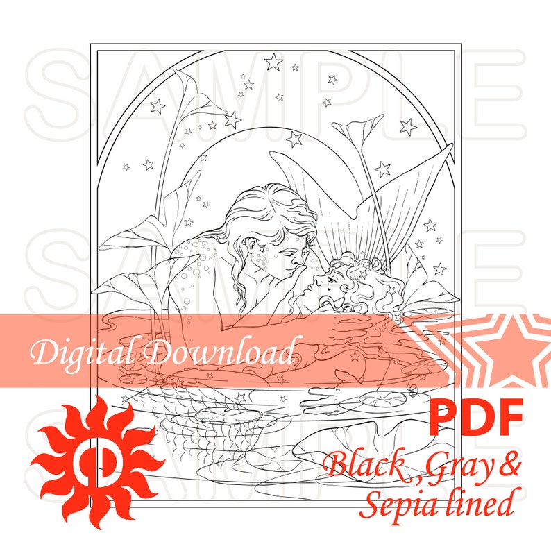 Romantic Mermaid Coloring Page Mermaid Illustration Merman Beautiful ...