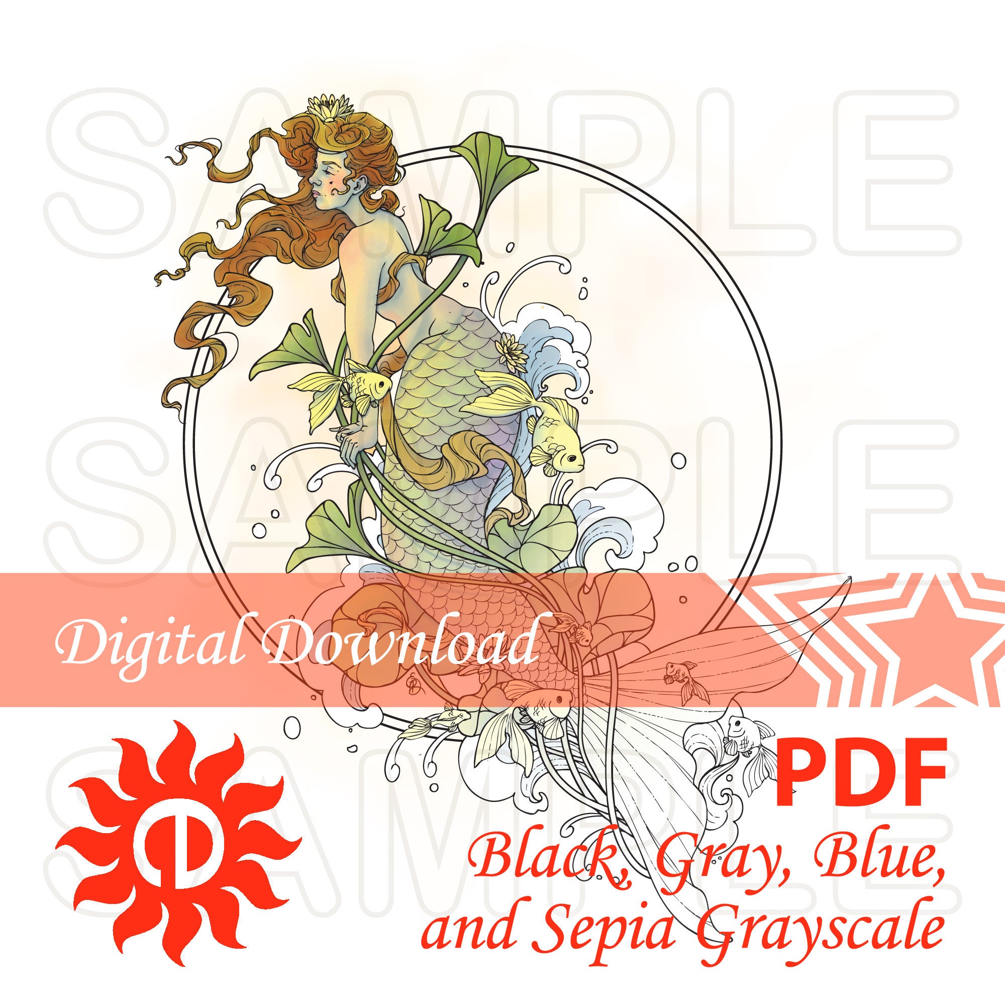 Lotus Mermaid Coloring Page Line Illustration Beautiful Siren ...