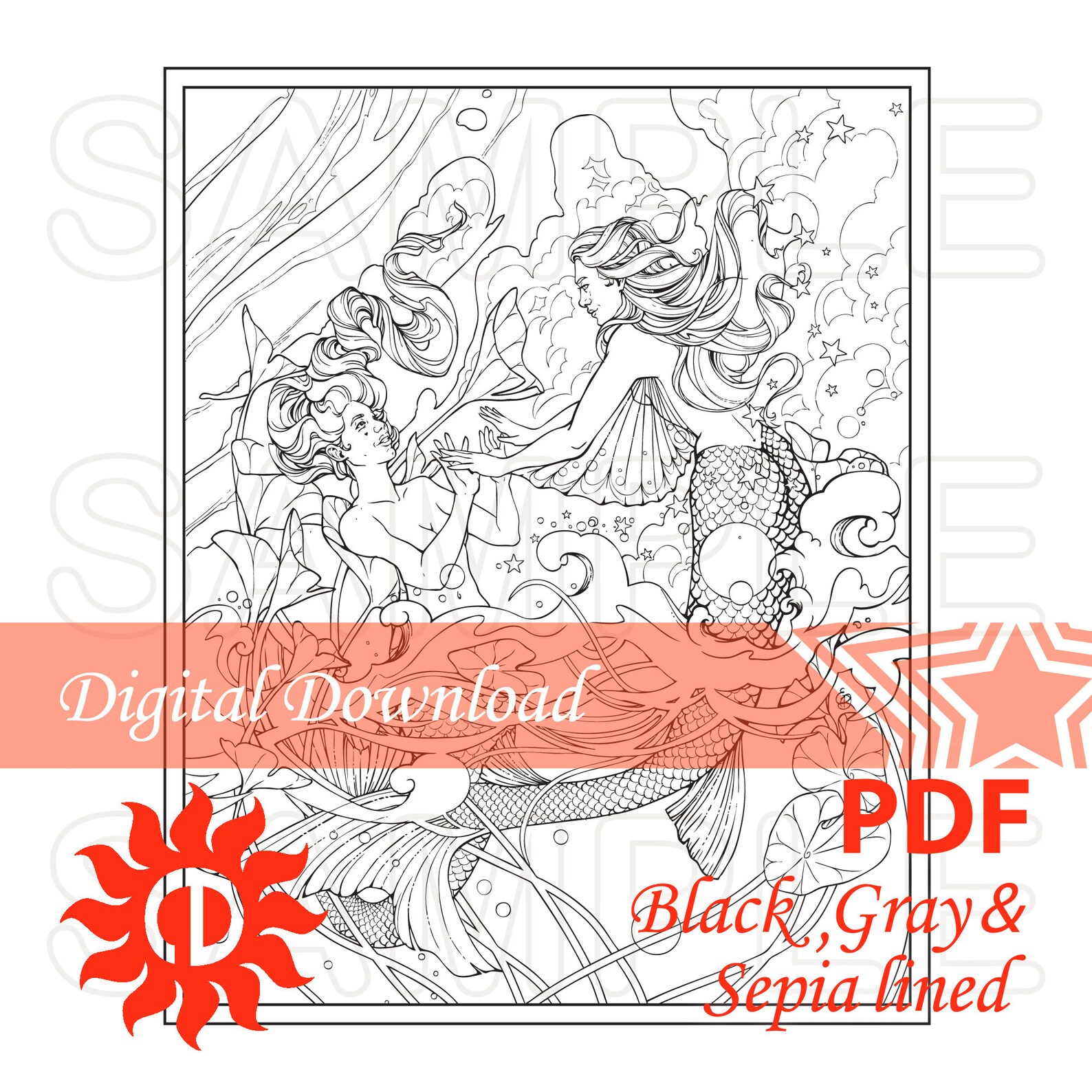 Flying Mermaid, Fantasy Mermaid Coloring Page, Mermaid Illustration ...