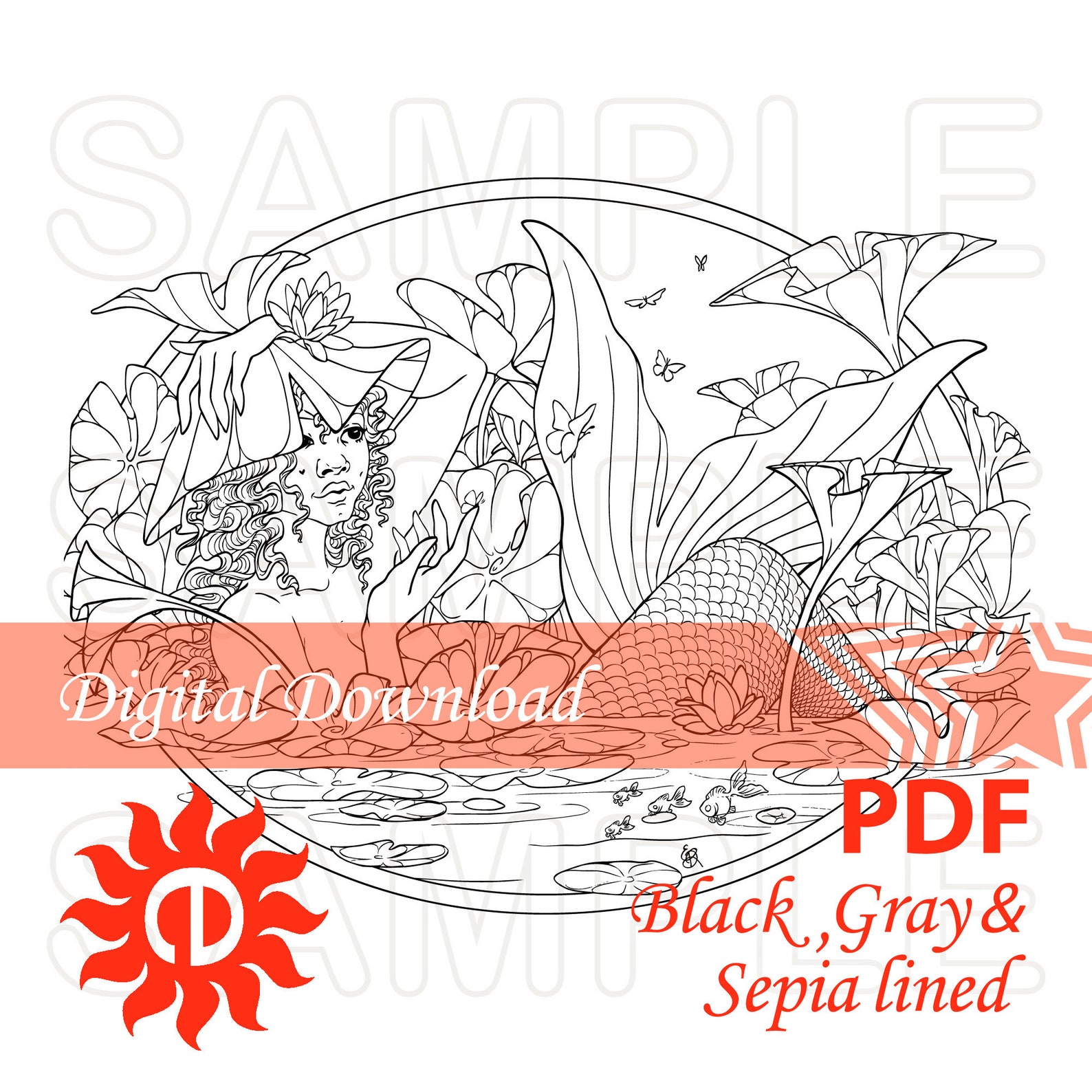Mermaid Coloring Page Lily Pad Mermaid Printable Coloring Page Digital ...