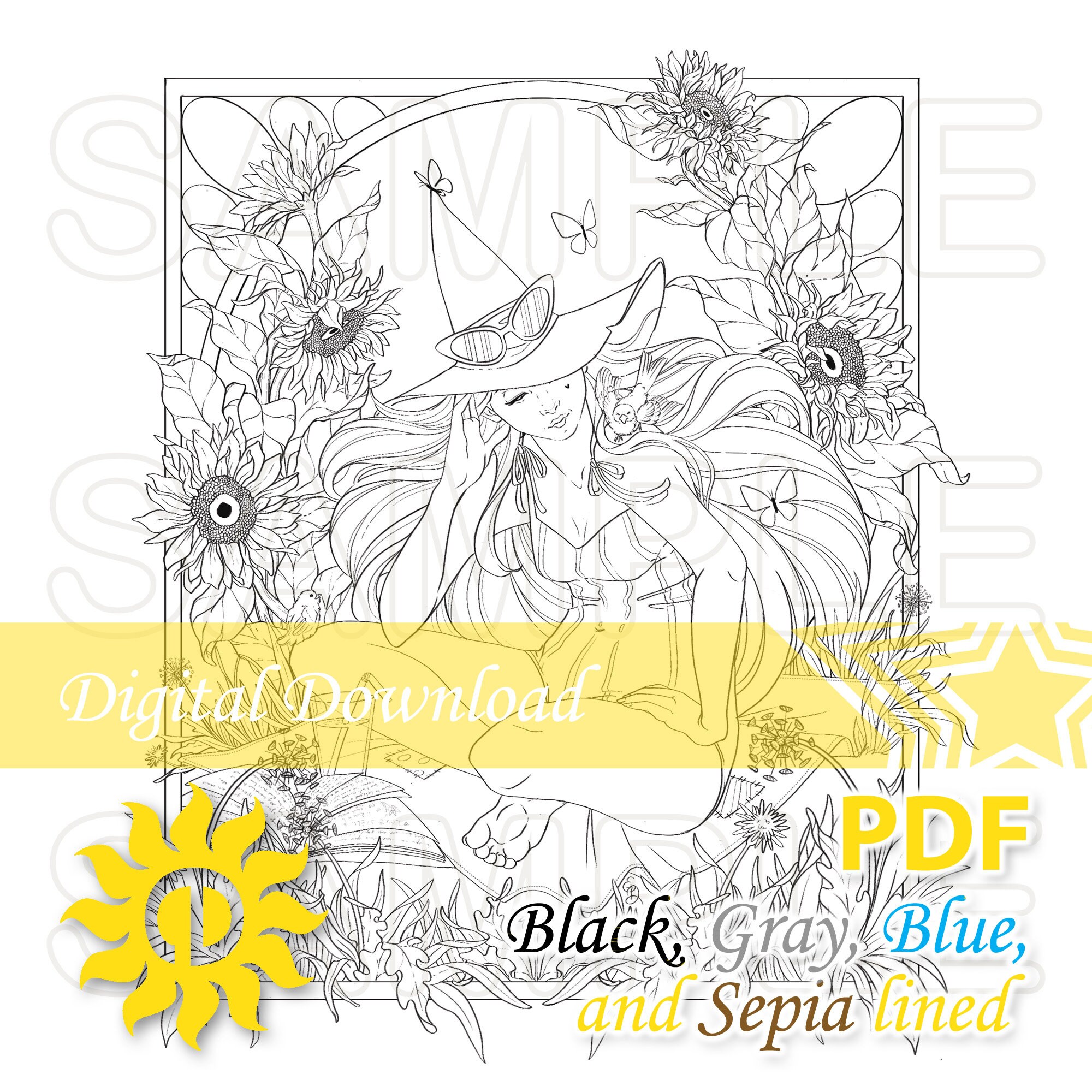 Cottagecore Witch Coloring Page: Spooky Summer Sunflower Garden (PDF ...