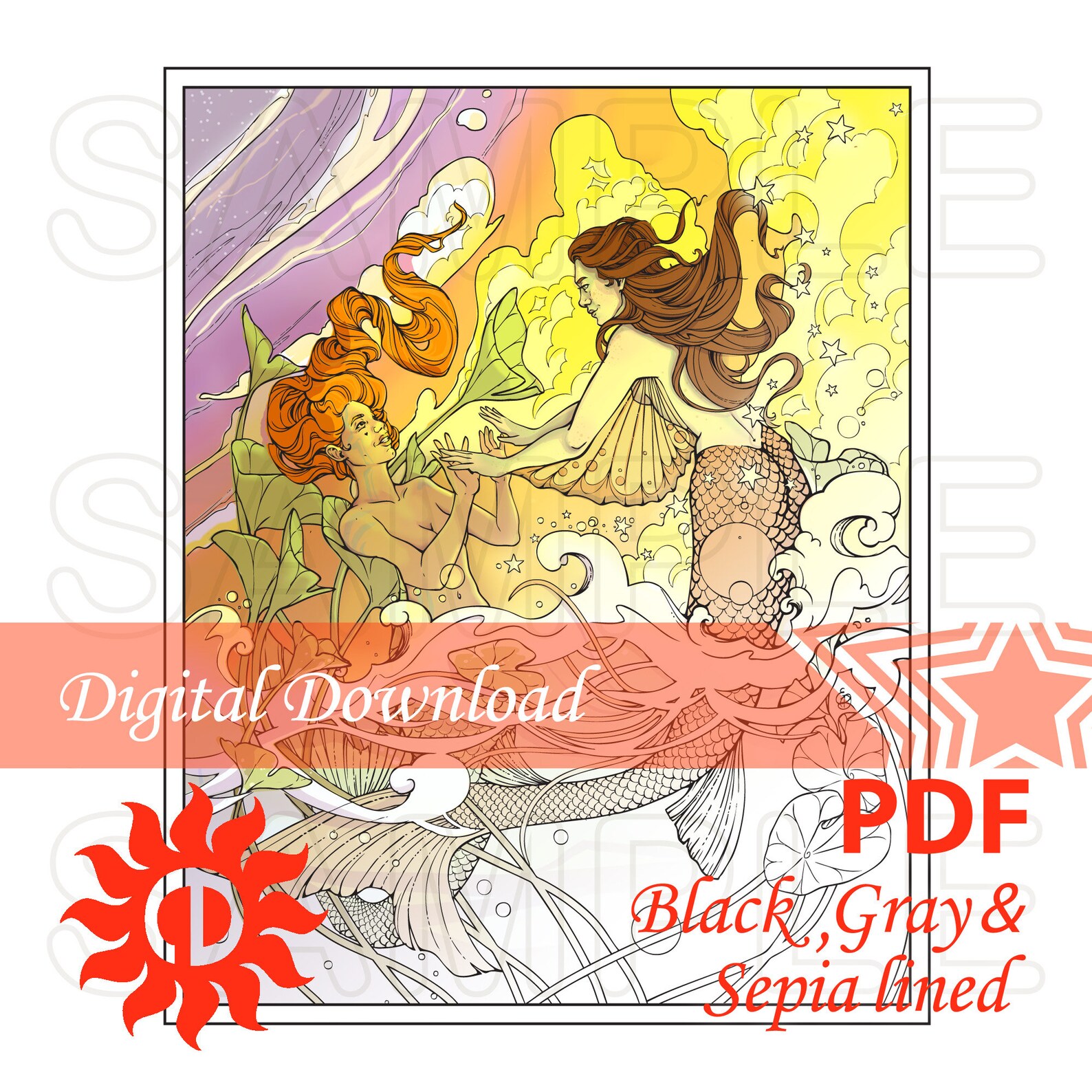 Flying Mermaid, Fantasy Mermaid Coloring Page, Mermaid Illustration ...