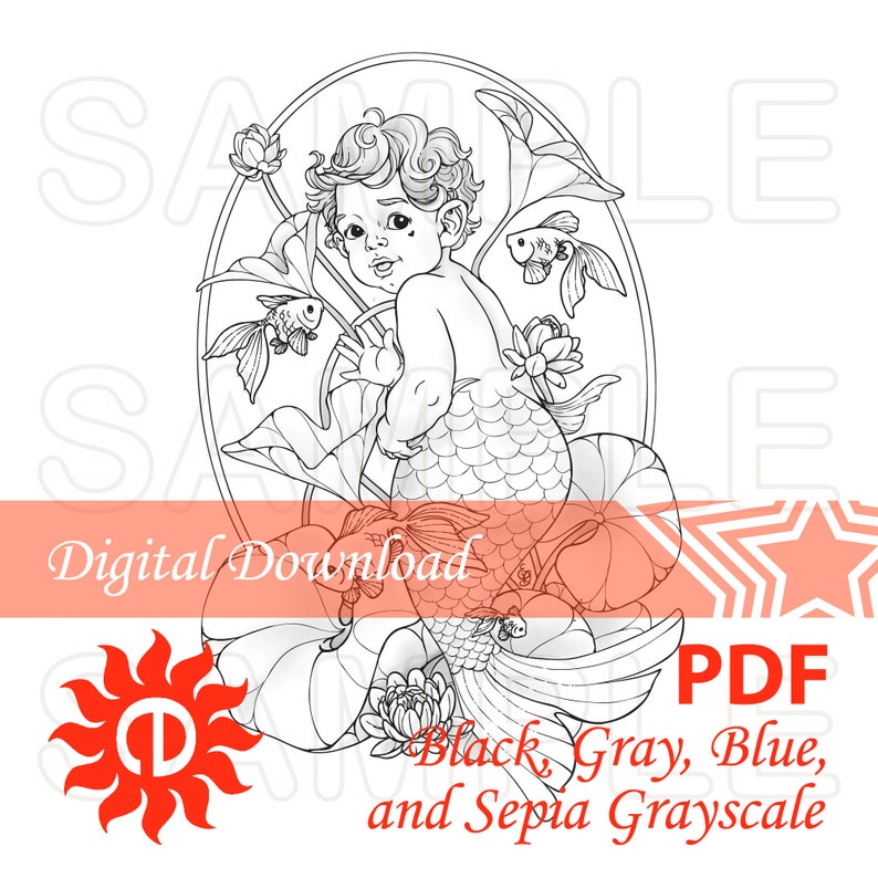 Merbaby Boy Coloring Page: Grayscale Mermaid Illustration (printable ...